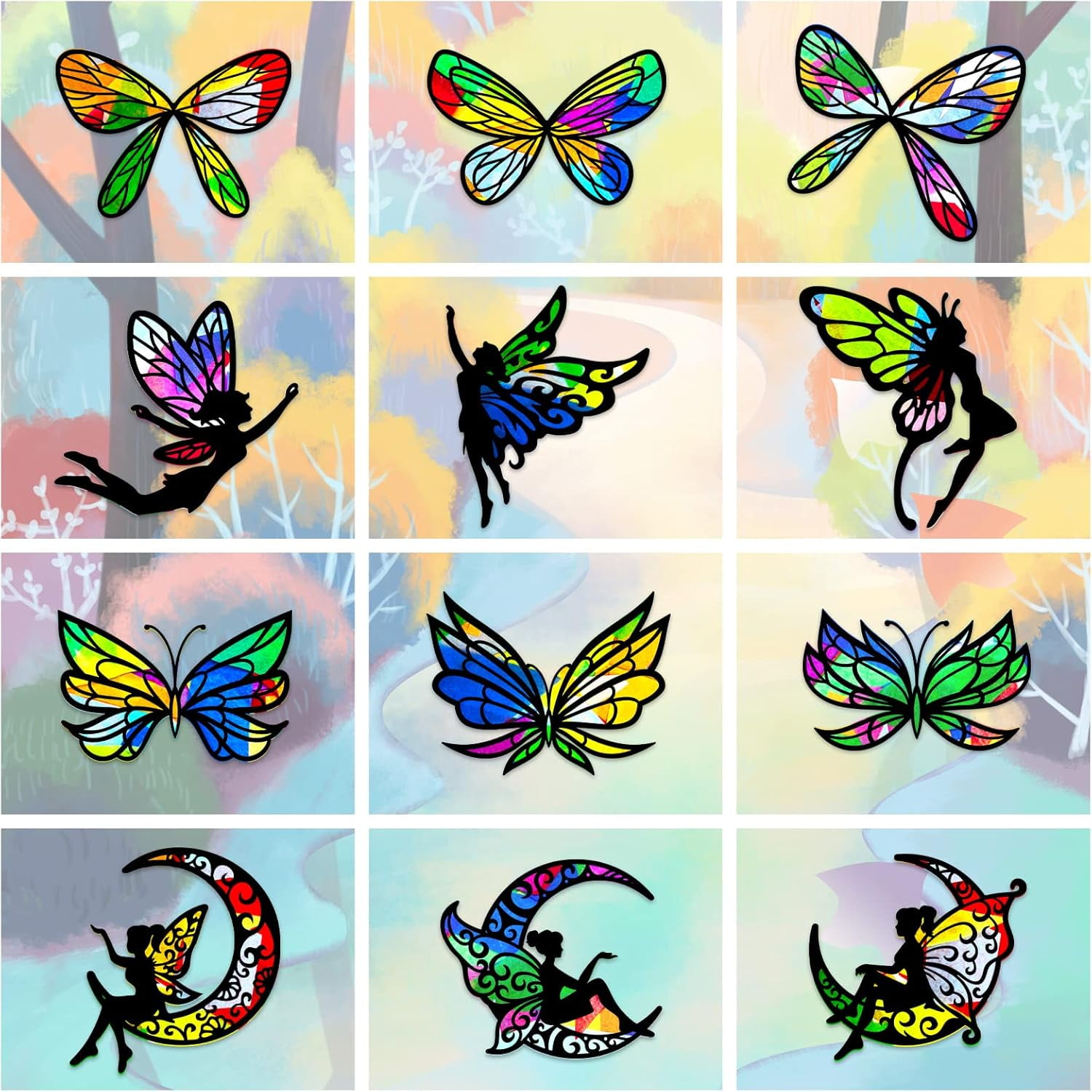 24Pcs Butterfly Fairy Stained Glass Effect Paper Suncatchers Window ...