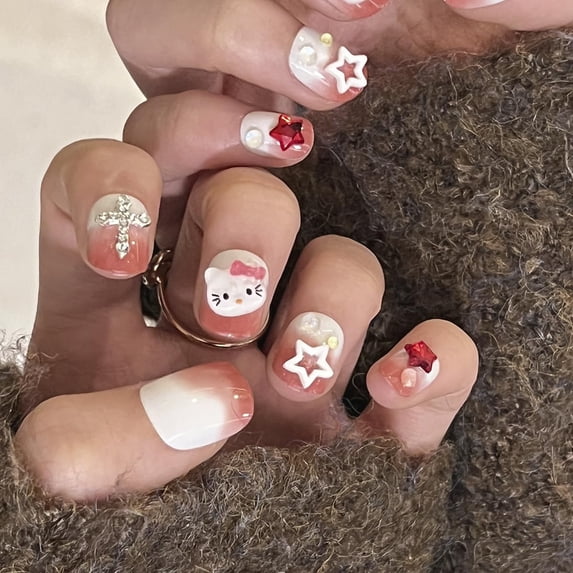 24Pcs Cartoon Press on Nails Short Square Fake Nails with Glue Cute ...