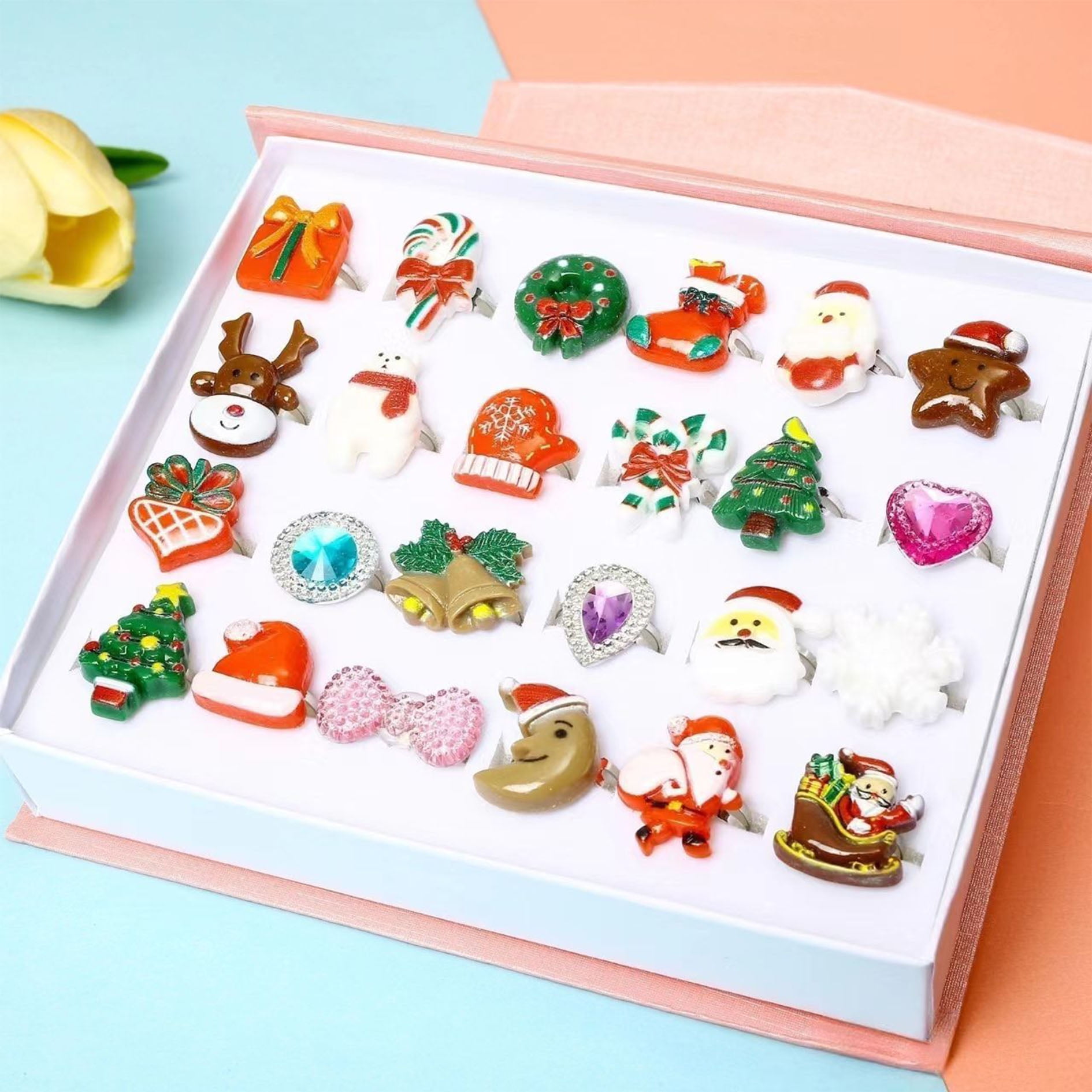 24Pcs Christma Little Girl Jewel Rings in Box, Adjustable Kids Dress Up ...