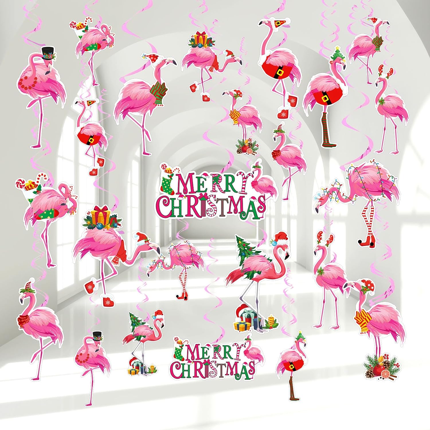 24Pcs Christmas Hanging Swirl Decoration Pink Flamingo Ceiling Hanging ...