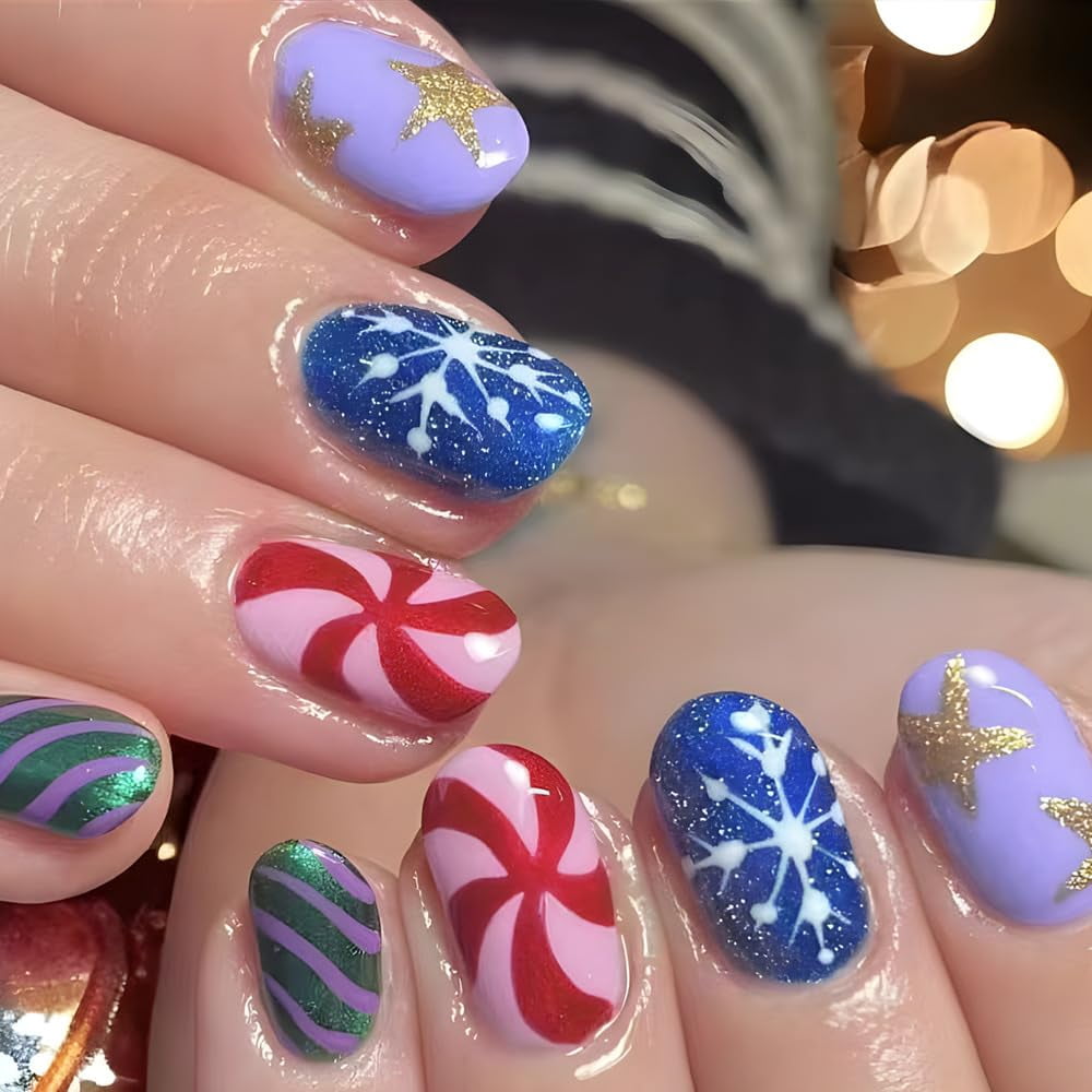 24Pcs Christmas Press on Nails Short Square Nails Fake Nails with Glue ...