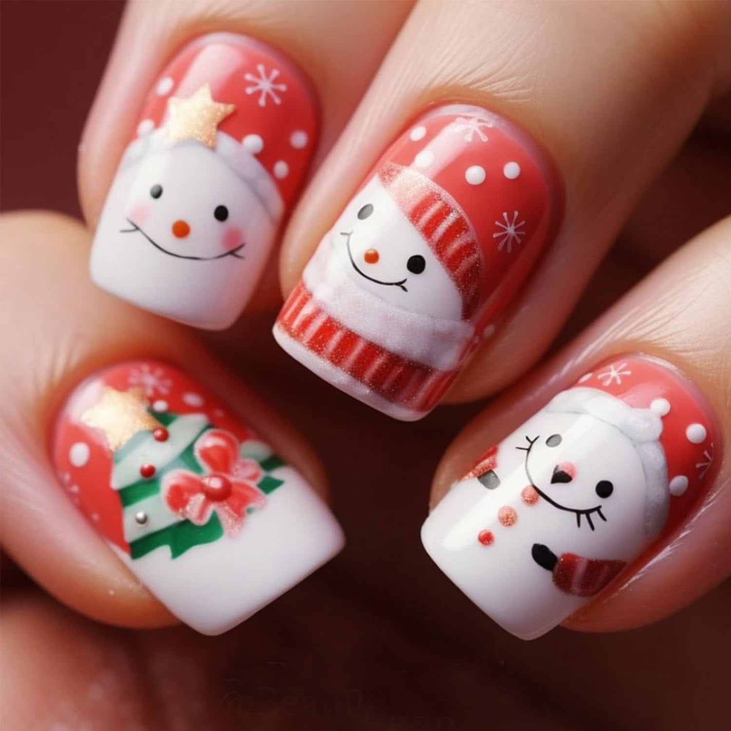 24Pcs Christmas Press on Nails Short Square Christmas Snowmen Fake ...