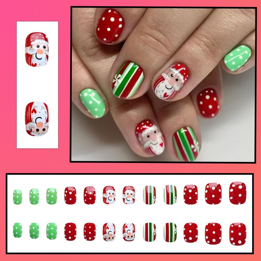 24Pcs Christmas Short Press on Nails Red French Tip Fake Nails Full ...