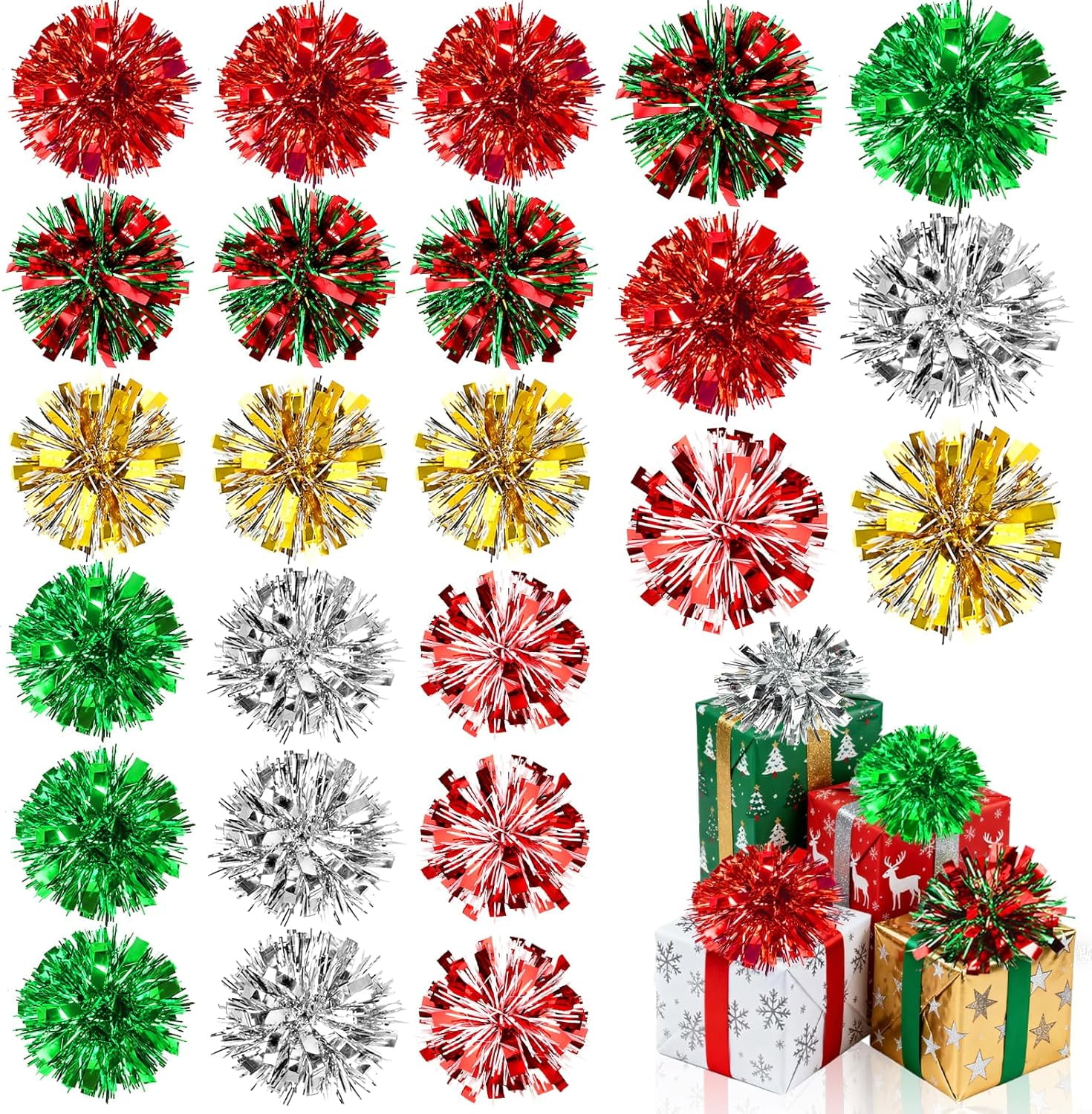24Pcs Christmas Tinsel Bows for Gift Wrapping, 4 Inch Self Adhesive ...