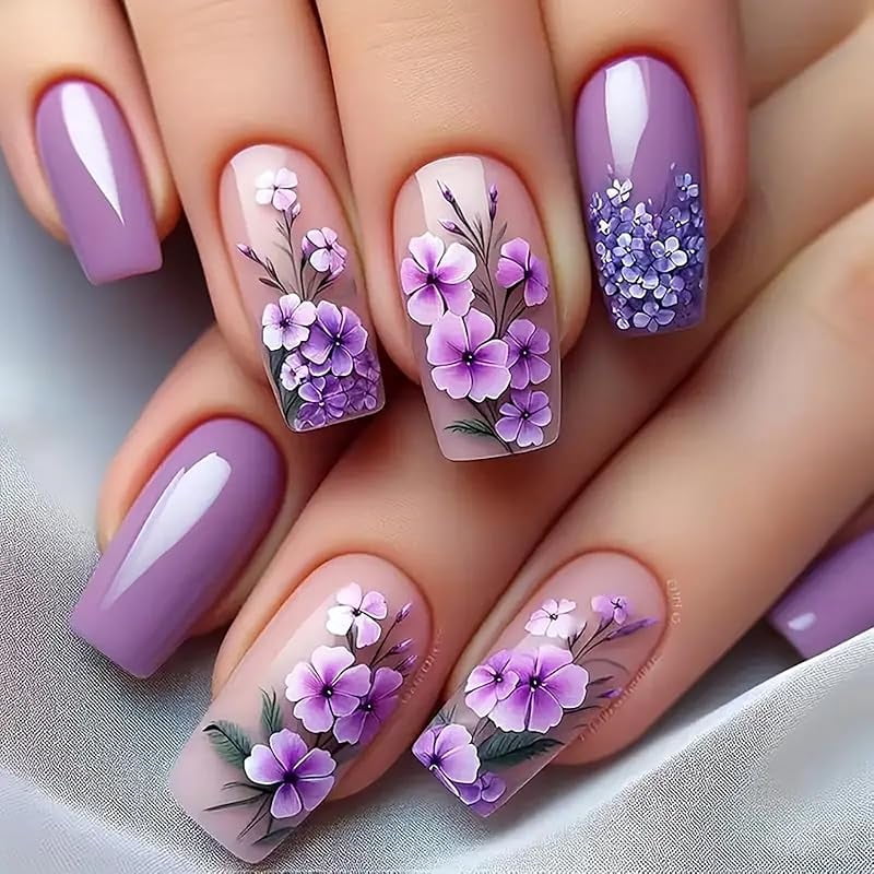 24Pcs Colorful Flower Press-On Nails - Short, Square, Fake, Spring ...