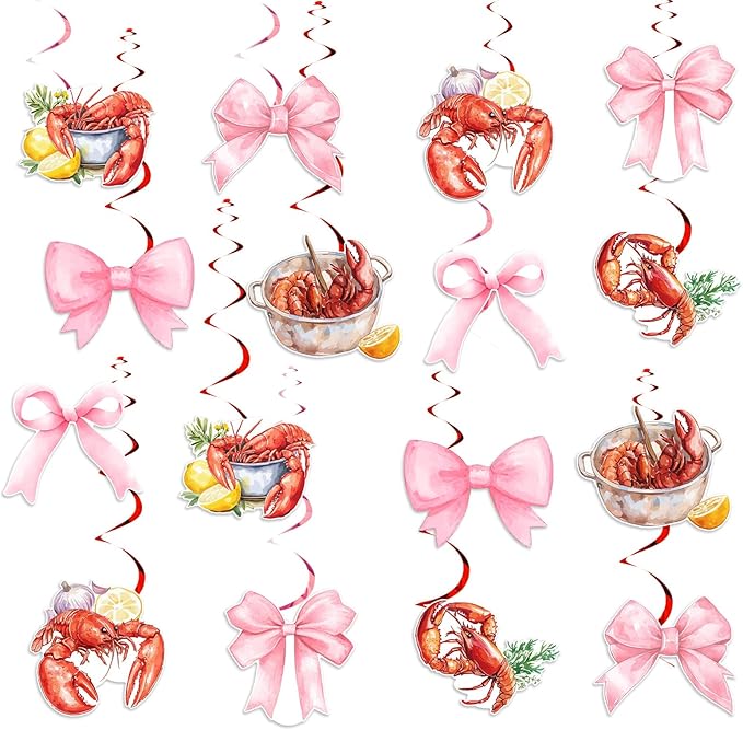 24Pcs Crawfish Hanging Swirls, Crawfish Boil and Pink Bow Birthday Baby ...