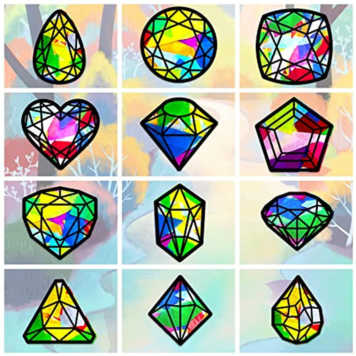 24Pcs DIY Diamond Shaped Stained Glass Effect Paper Suncatchers Crystal ...