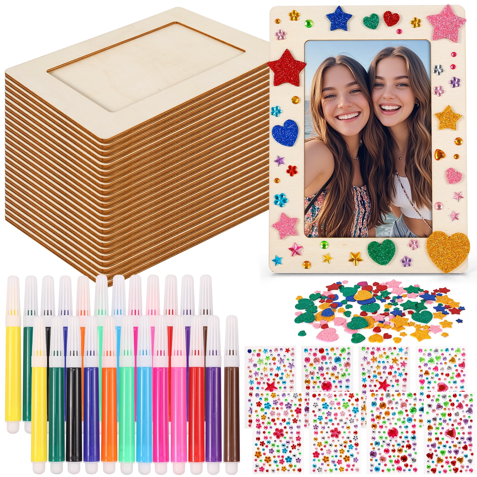 24Pcs DIY Wooden Picture Frames with Stickers Unfinished Wooden Craft ...