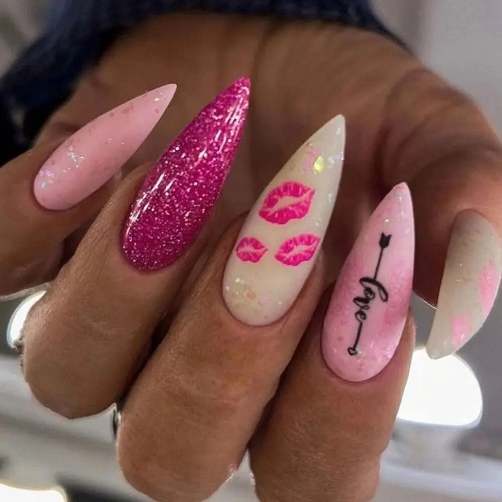 24Pcs Detachable Almond False Nails with Pearl Decoration Elegant ...