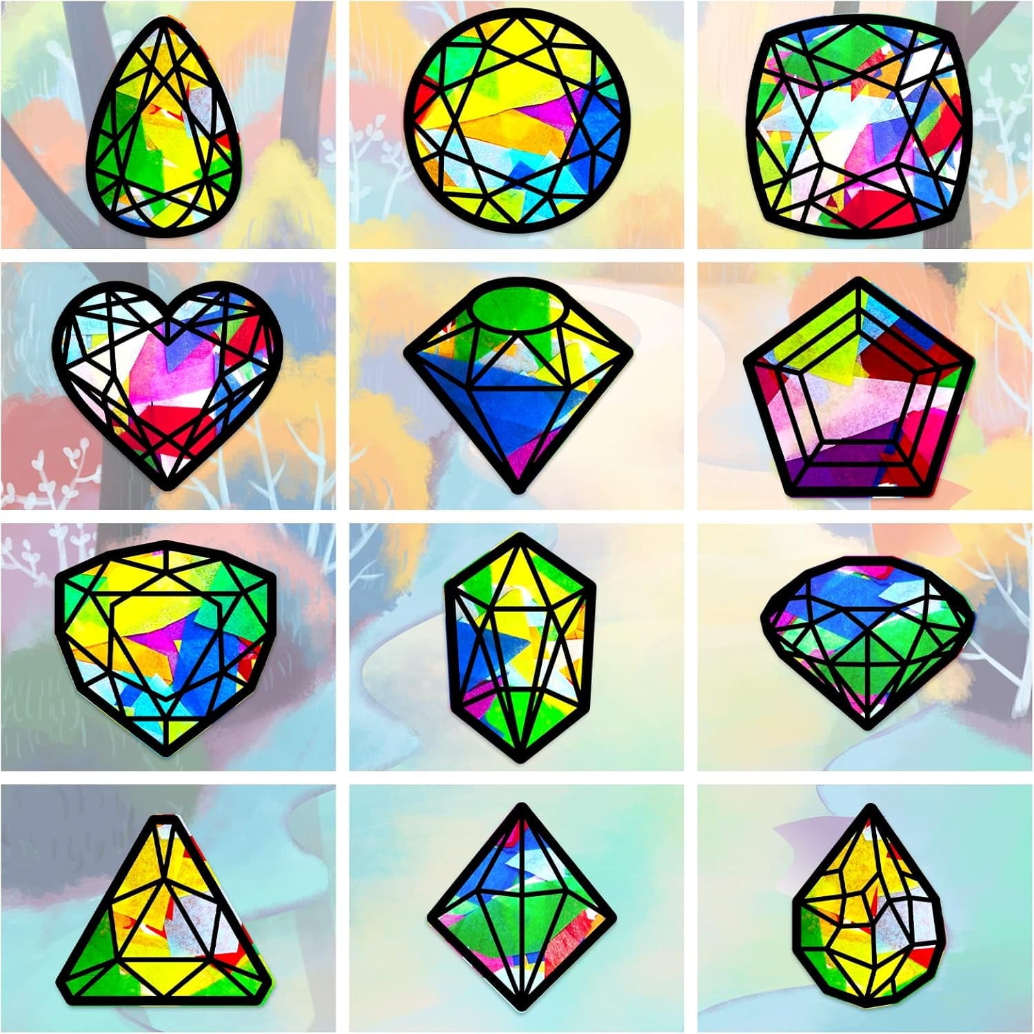 24Pcs Diamond Shaped Stained Glass Effect Paper Suncatchers Crystal ...