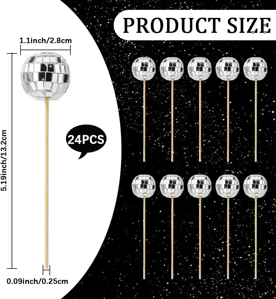 24Pcs Disco Ball Cupcake Picks Silver Cupcake Toppers with Wood Stick ...