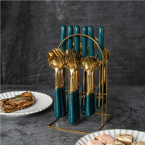 24Pcs Elegant Marble Pattern Cutlery Set, Multi-Functional Tableware ...