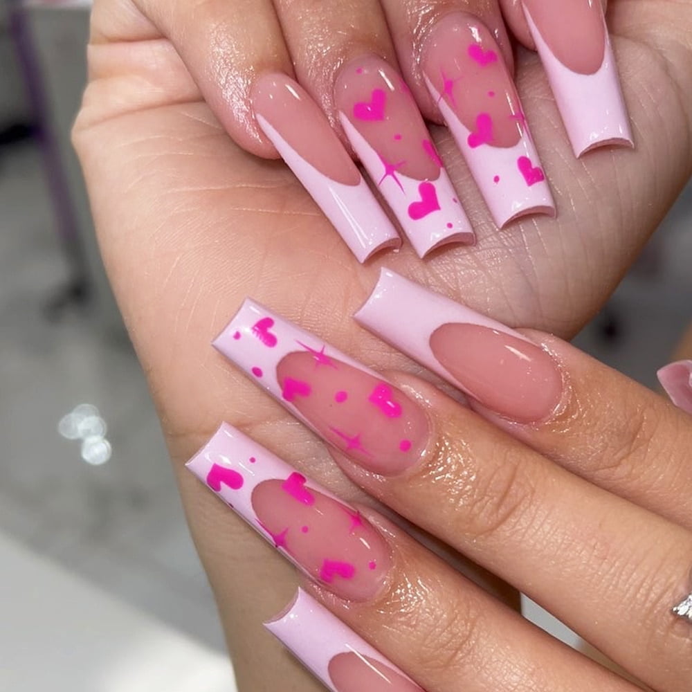 24Pcs Extra Long White French False Nails with Rhinestone Detachable ...
