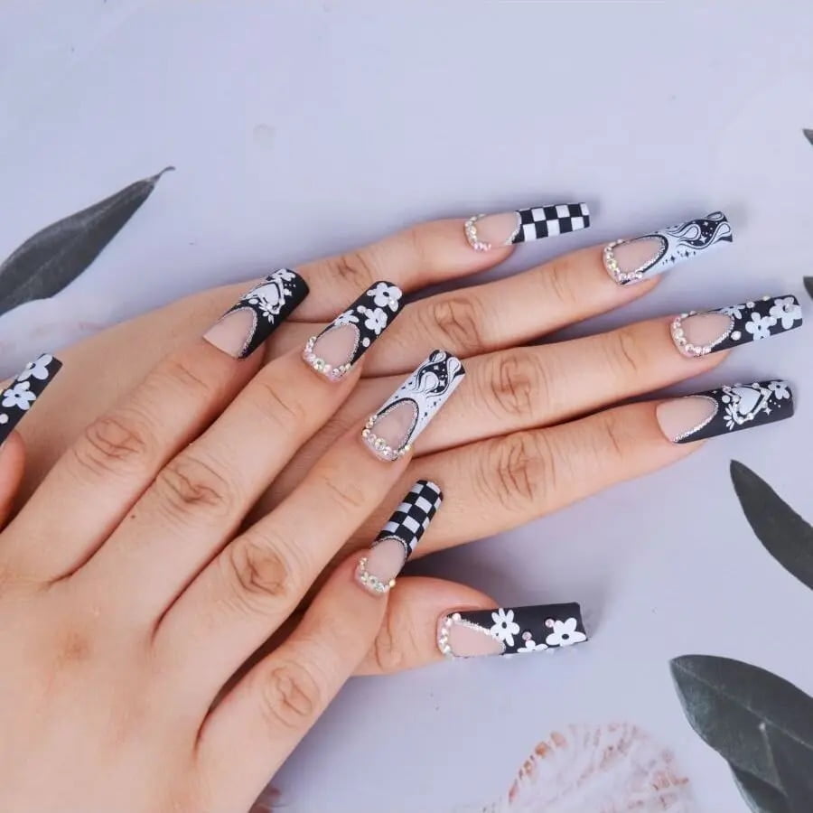 24Pcs False Nails Rhinestone Glitter Marble Grain Design Fake ...