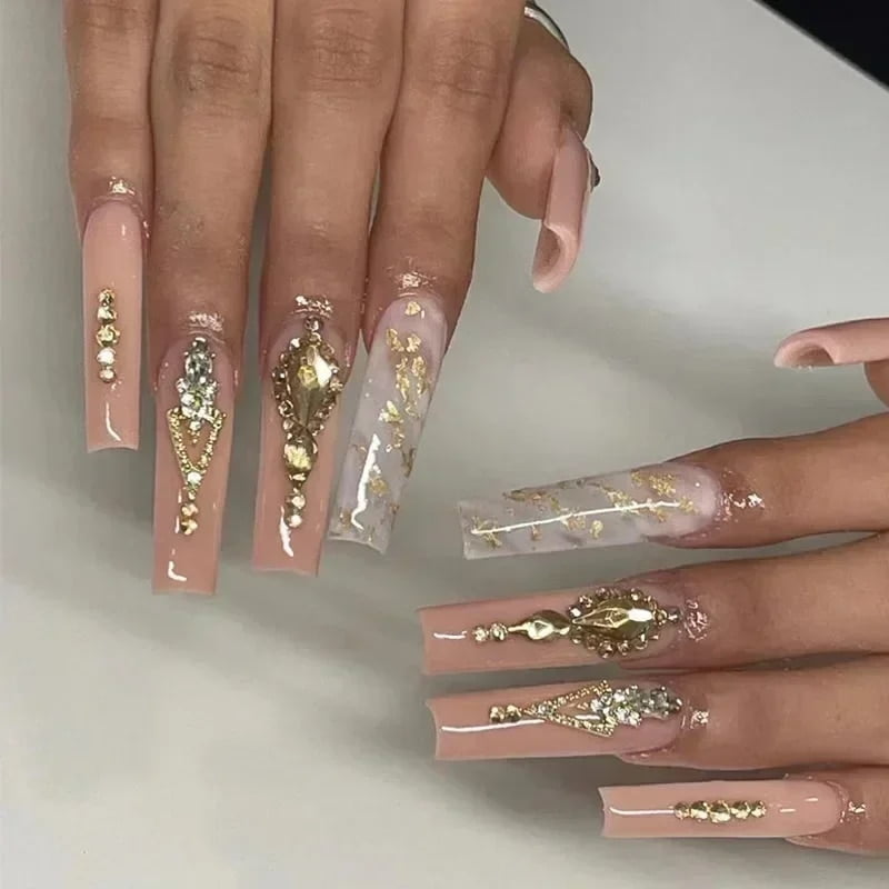 24Pcs False Nails Rhinestone Glitter Marble Grain Design Fake ...