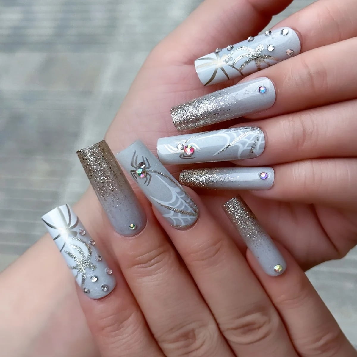 24Pcs False Nails Rhinestone Glitter Marble Grain Design Fake ...