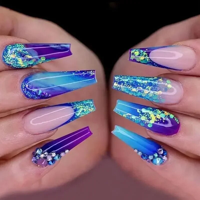 24Pcs False Nails Rhinestone Glitter Marble Grain Design Fake ...
