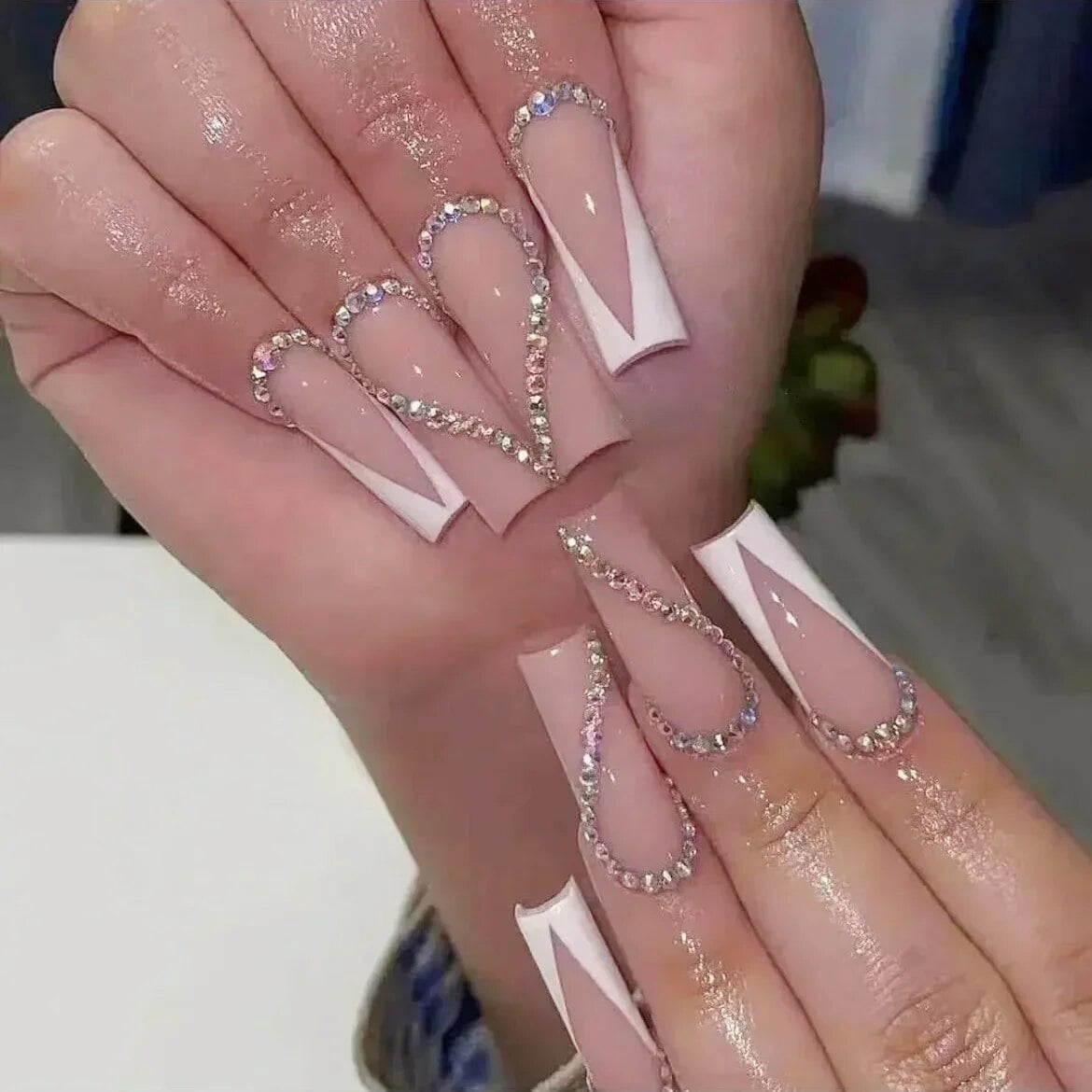 24Pcs False Nails Rhinestone Glitter Marble Grain Design Fake ...