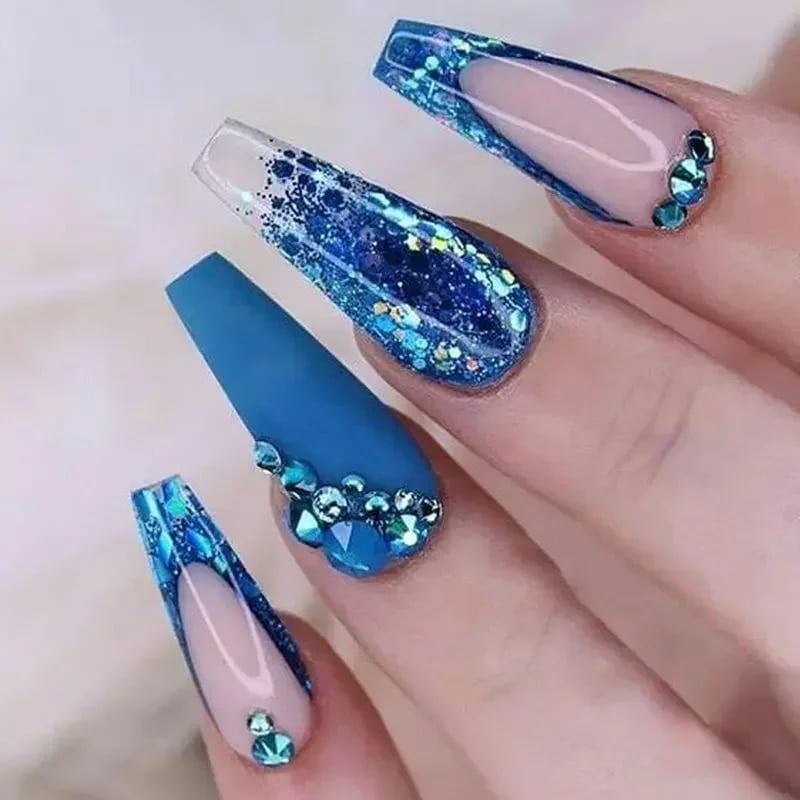 24Pcs False Nails Rhinestone Glitter Marble Grain Design Fake ...