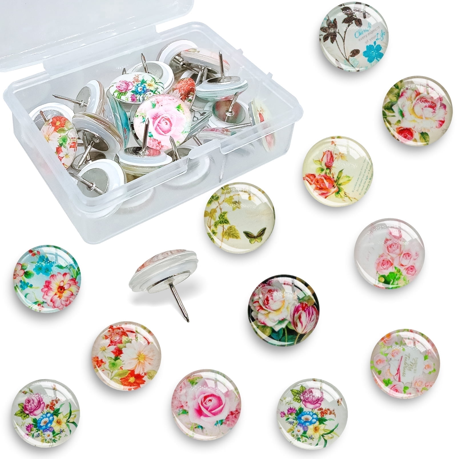 Decorative Floral Glass Metal Push Pins Thumbtacks Assorted 12 Designs ...