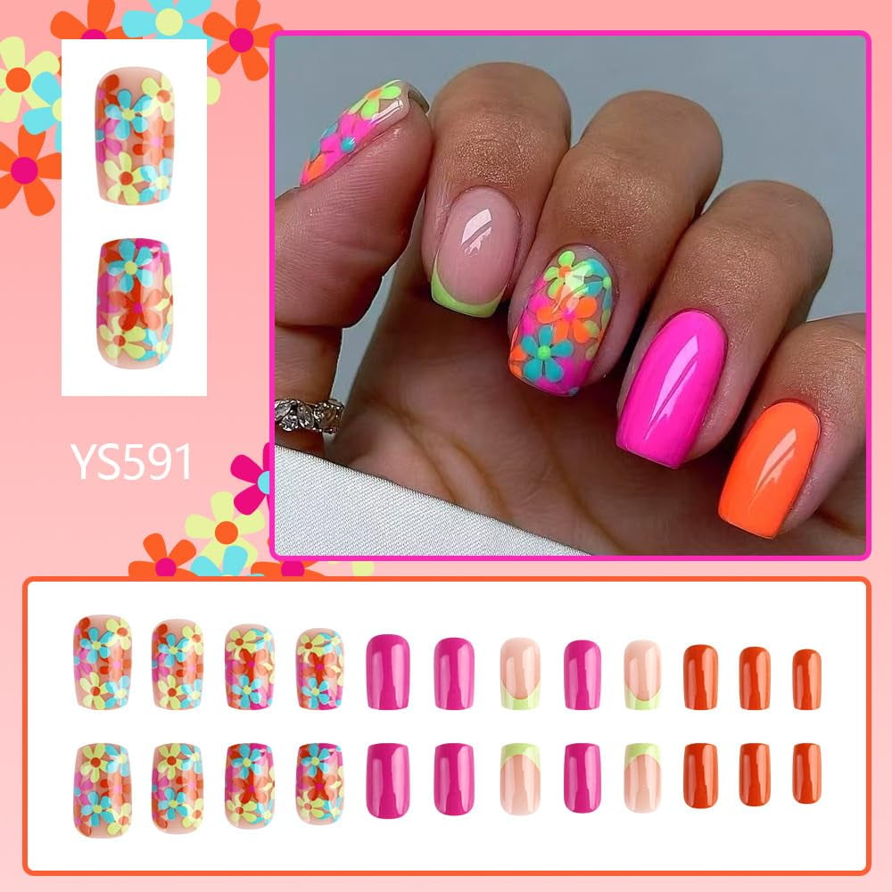 24Pcs French Tip Press-on Nails with Cute Flower Designs - Spring ...