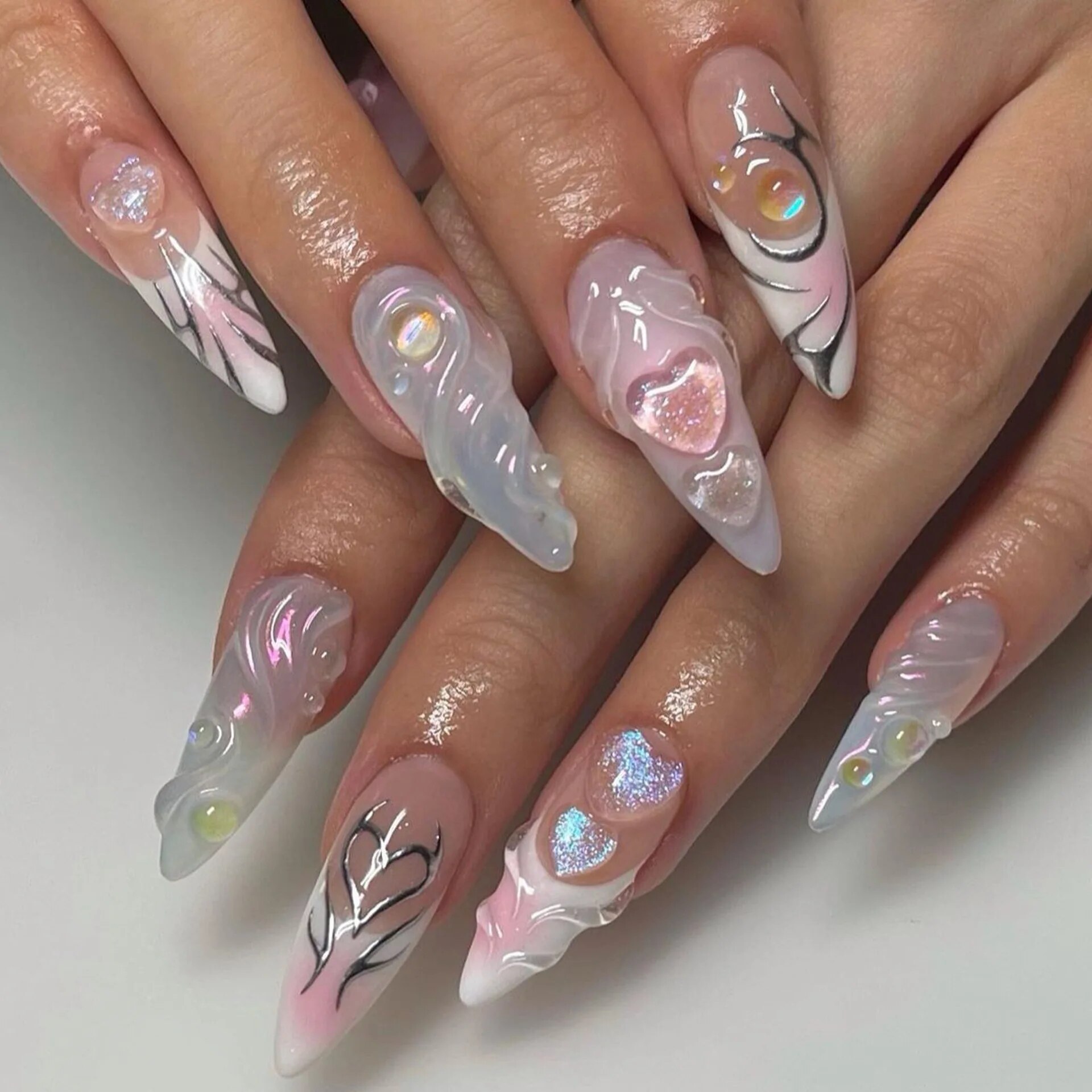 24Pcs Frosting False Nail almond with Golden Glitter Designs French ...