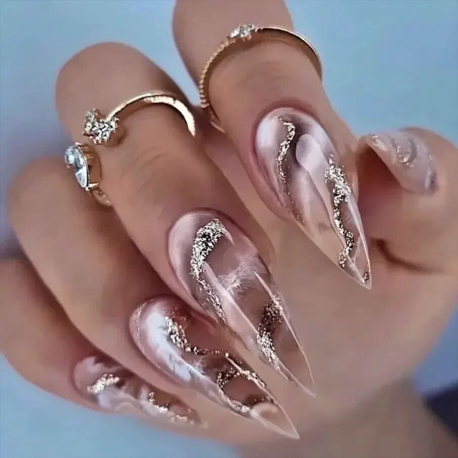 24Pcs Frosting False Nail almond with Golden Glitter Designs French ...