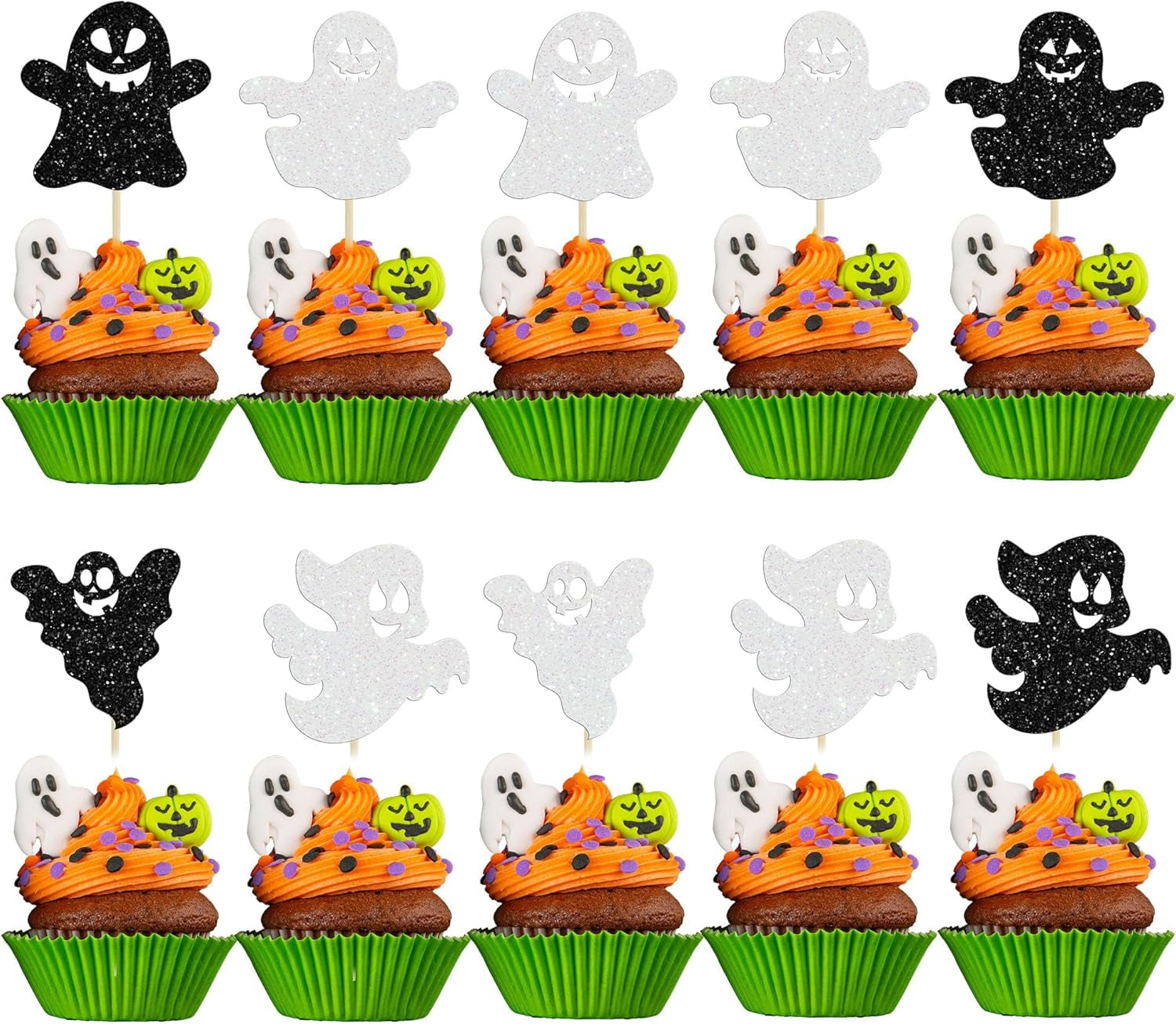 24Pcs Ghost Halloween Cupcake Toppers - Black White Glitter Spooky ...