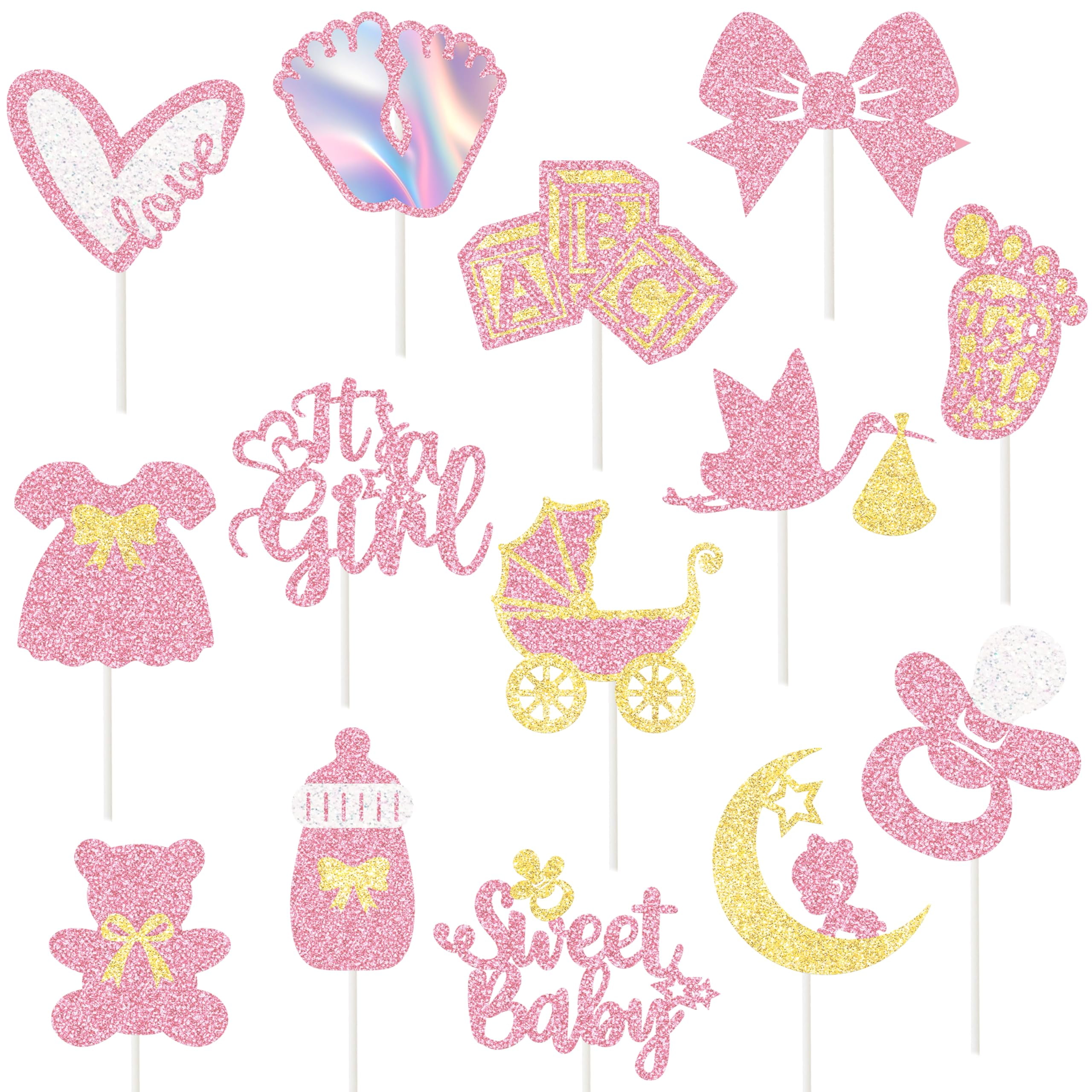 24Pcs It's A Girl Baby Shower Cupcake MDH1Toppers Pink Glitter Pacifier ...