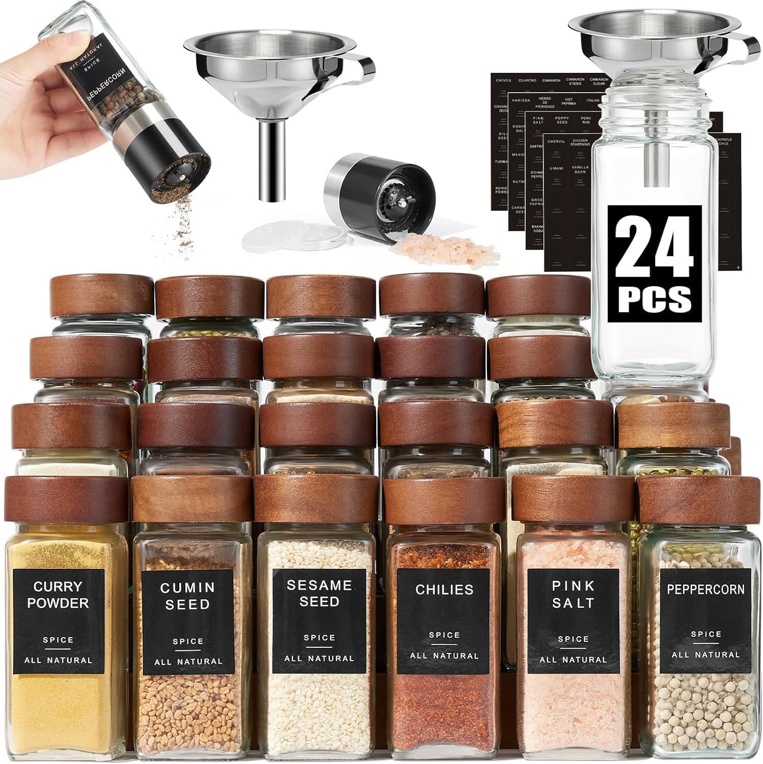 24Pcs Glass Spice Jars with Labels-4OZ Wood Lid Square Spice Containers ...