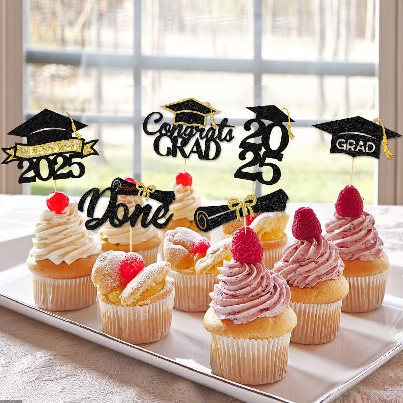 24Pcs Glitter Graduation AJH3 Cupcake Toppers 2025 Congrats Grad Cap ...