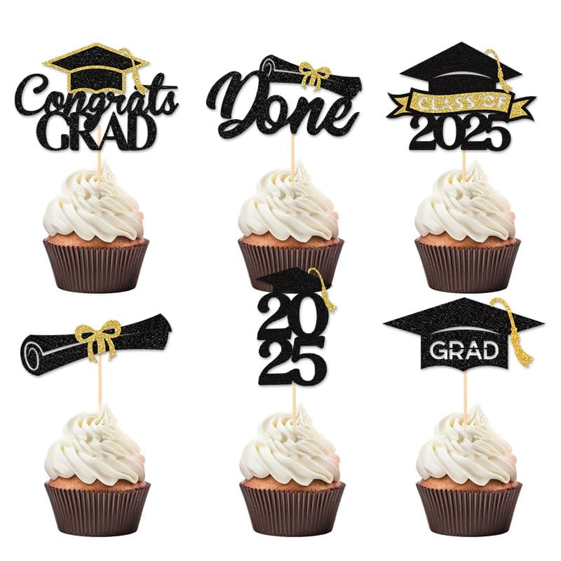 24Pcs Glitter Graduation Cupcake Toppers 2025 Congrats H2FSDGrad Cap ...