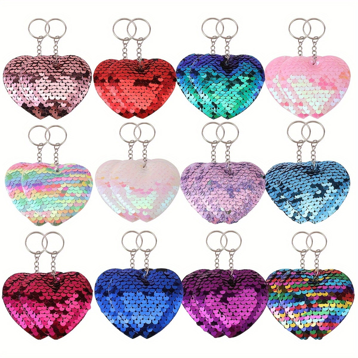 24Pcs Glitter Sequin Heart Keychains, Double-Sided Sparkling Key Rings ...