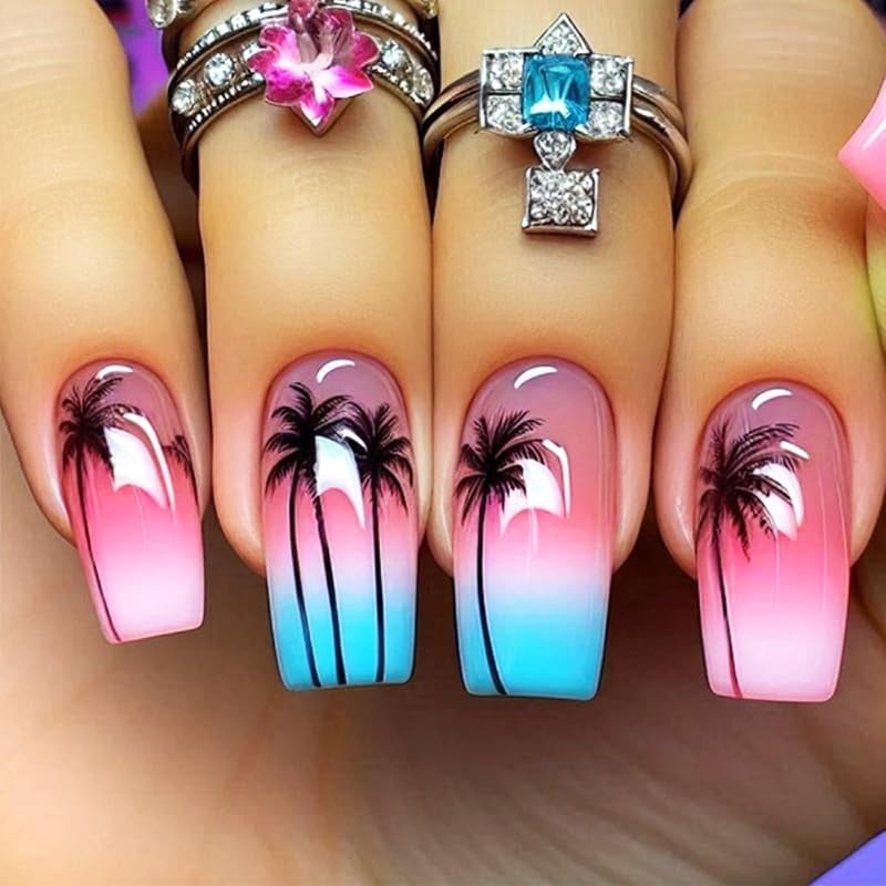 24Pcs Gold Curve Line Press on Nails Sea Acrylic Fake Nail Glossy Blue ...