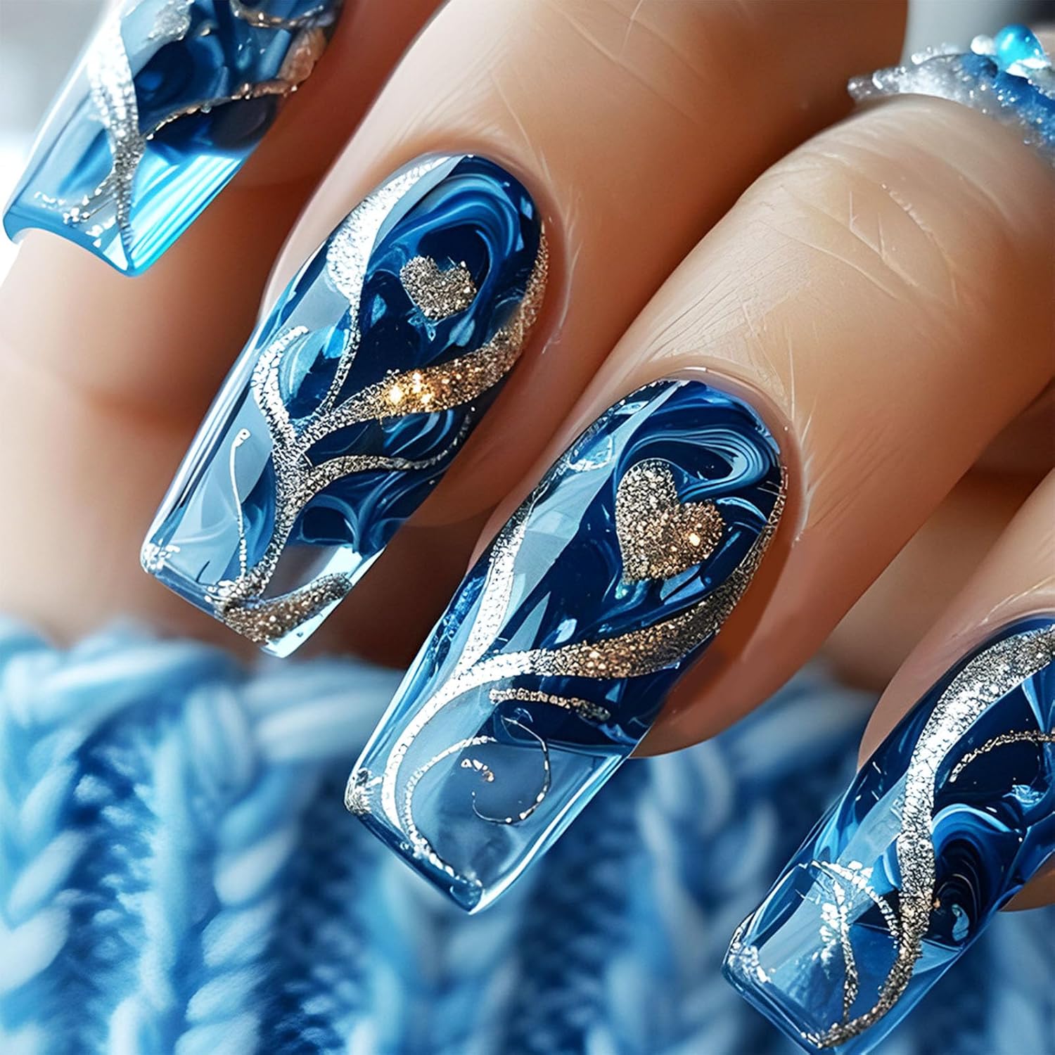 24Pcs Gold Curve Line Press on Nails Sea Acrylic Fake Nail Glossy Blue ...