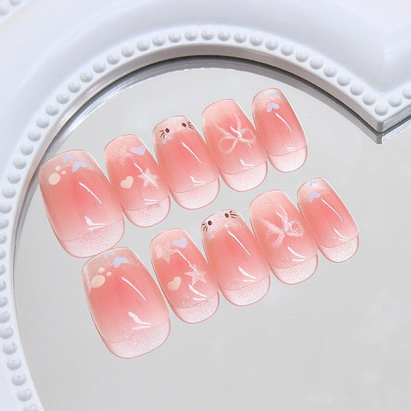 24Pcs Gold Curve Line Press on Nails Sea Acrylic Fake Nail Glossy Blue ...