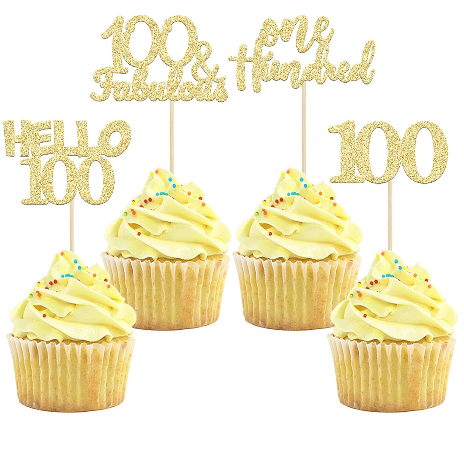 24Pcs Gold Glitter 100th Birthday Cupcake Toppers Hello 100 One Hundred ...