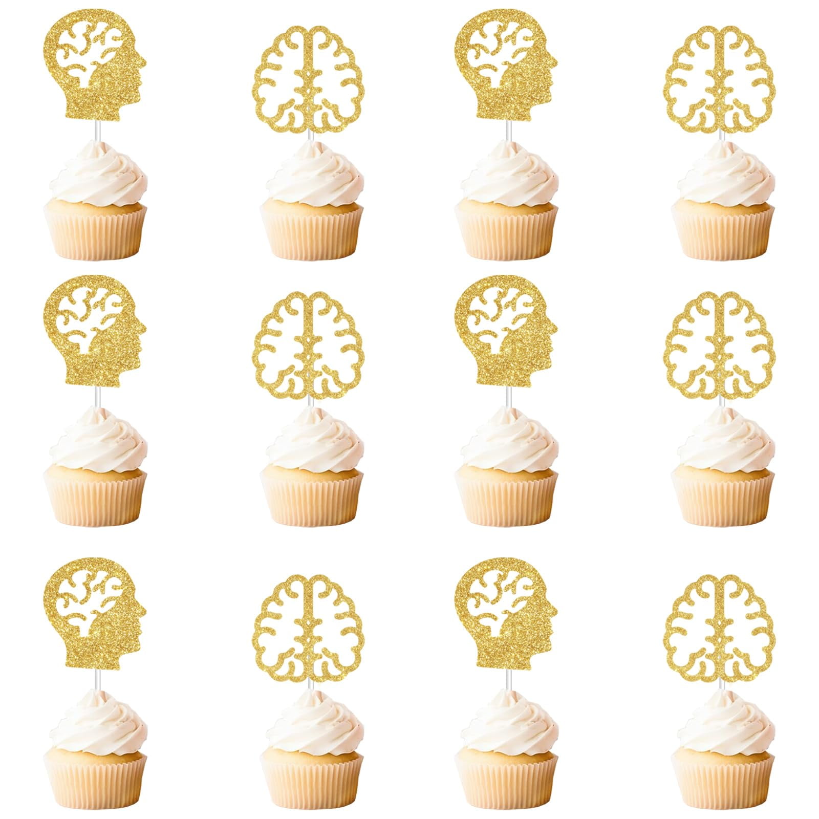 24Pcs Gold Glitter Brain Cupcake Toppers, Neurology Themed Party Cake ...