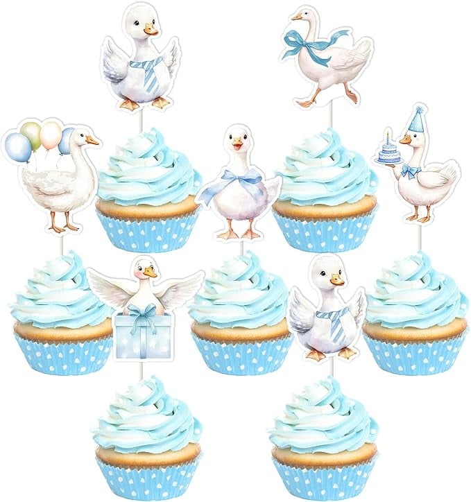 24Pcs Goose Cupcake Toppers Silly Goose Party Decorations Blue Bow ...