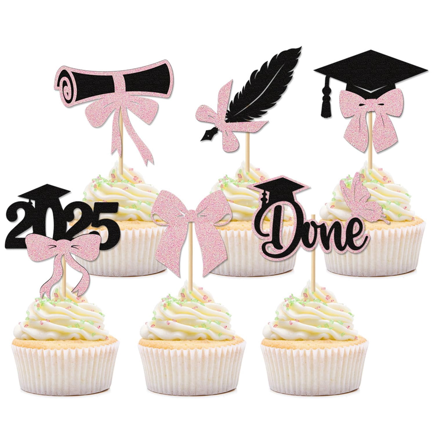 24Pcs Graduation Theme Cupcake Toppers Glitter Class H2FSDof 2025 Done ...