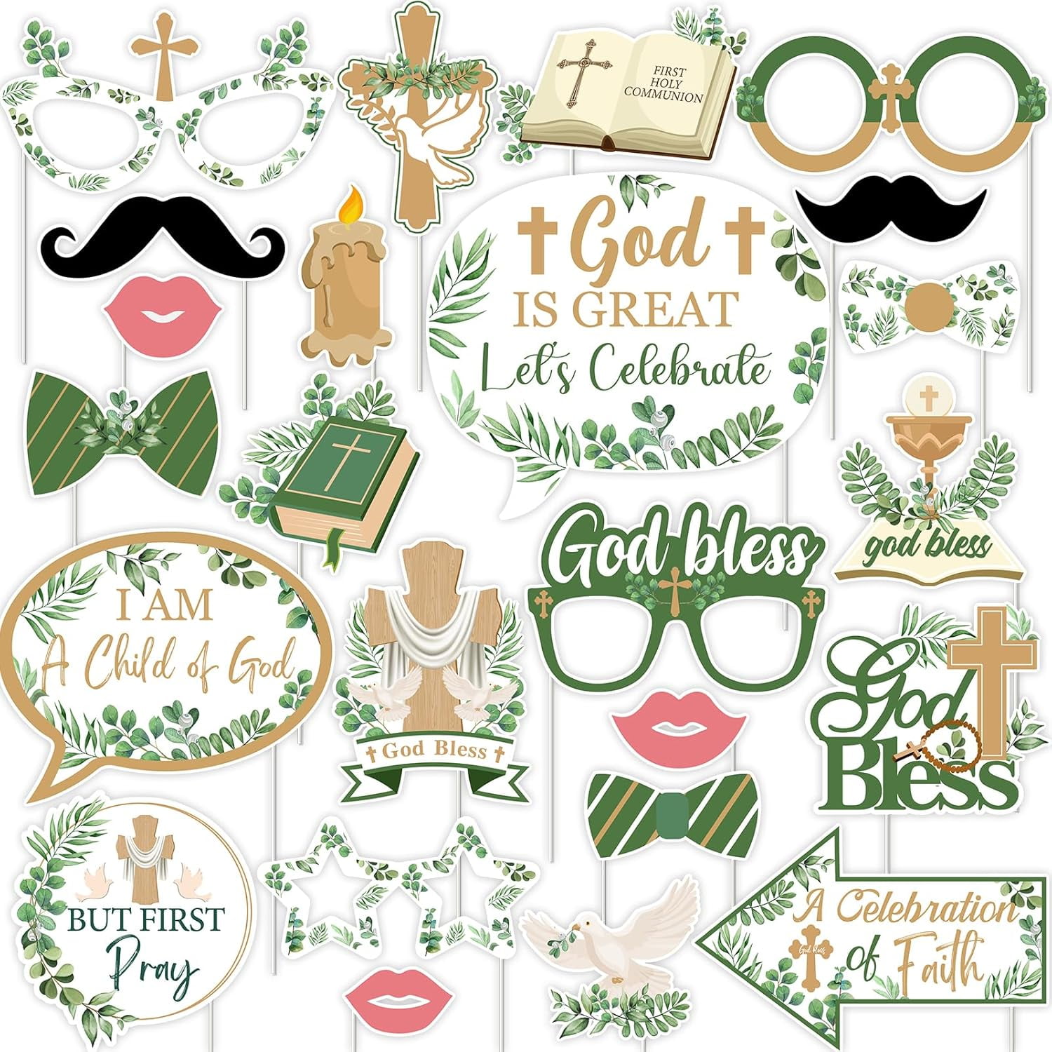 24Pcs Green Baptism Photo Booth Props, God Bless First Holy Communion ...