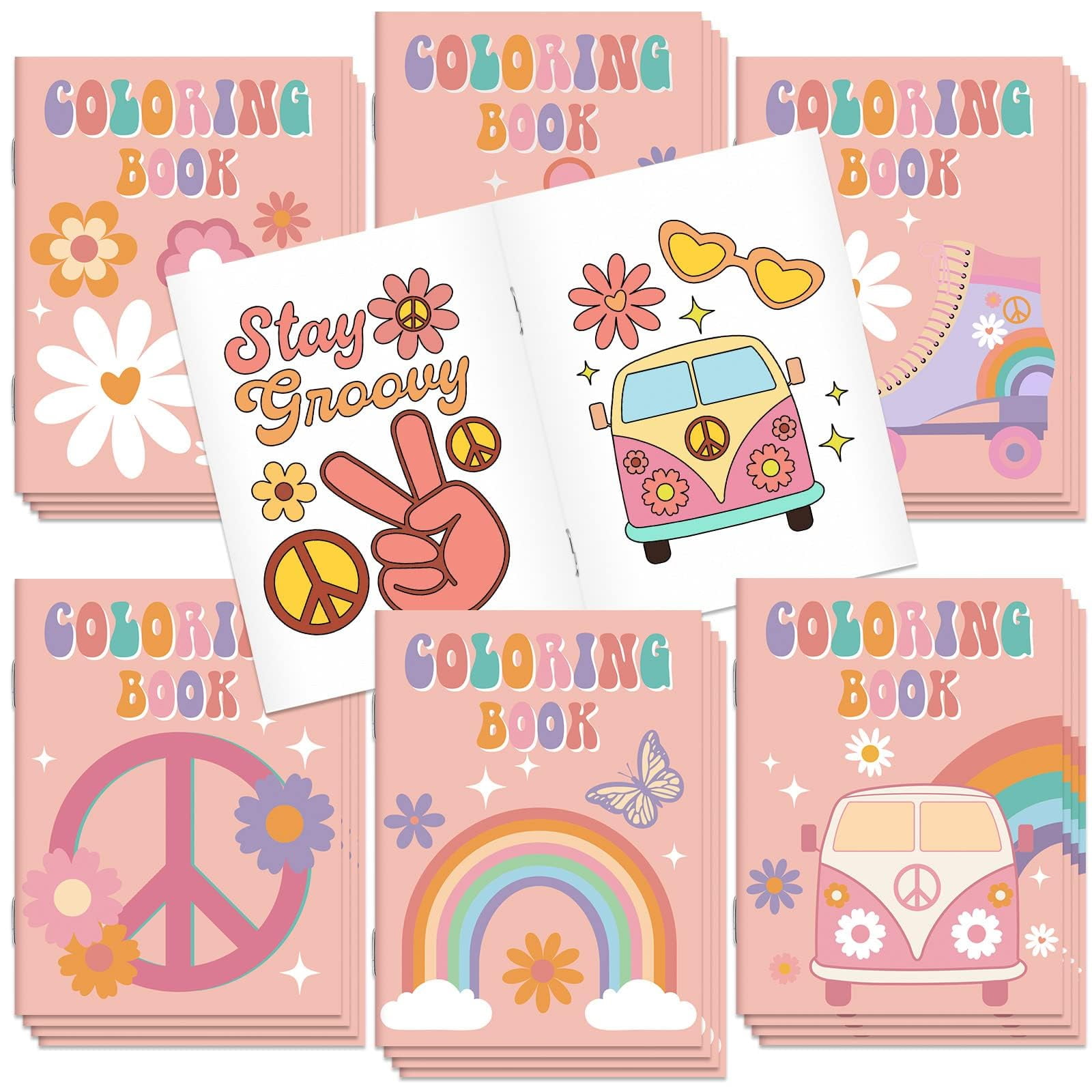 24Pcs Groovy Coloring Books Bulk Boho Rainbow Hippie Bus Retro Flowers ...