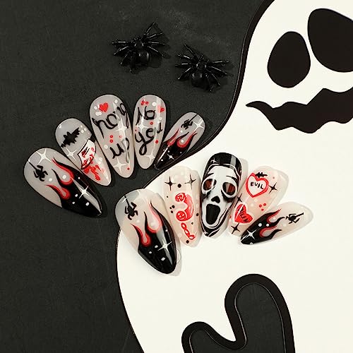24Pcs Hallowee Black Skeleton Press on Nails Almond Fake Nails ...