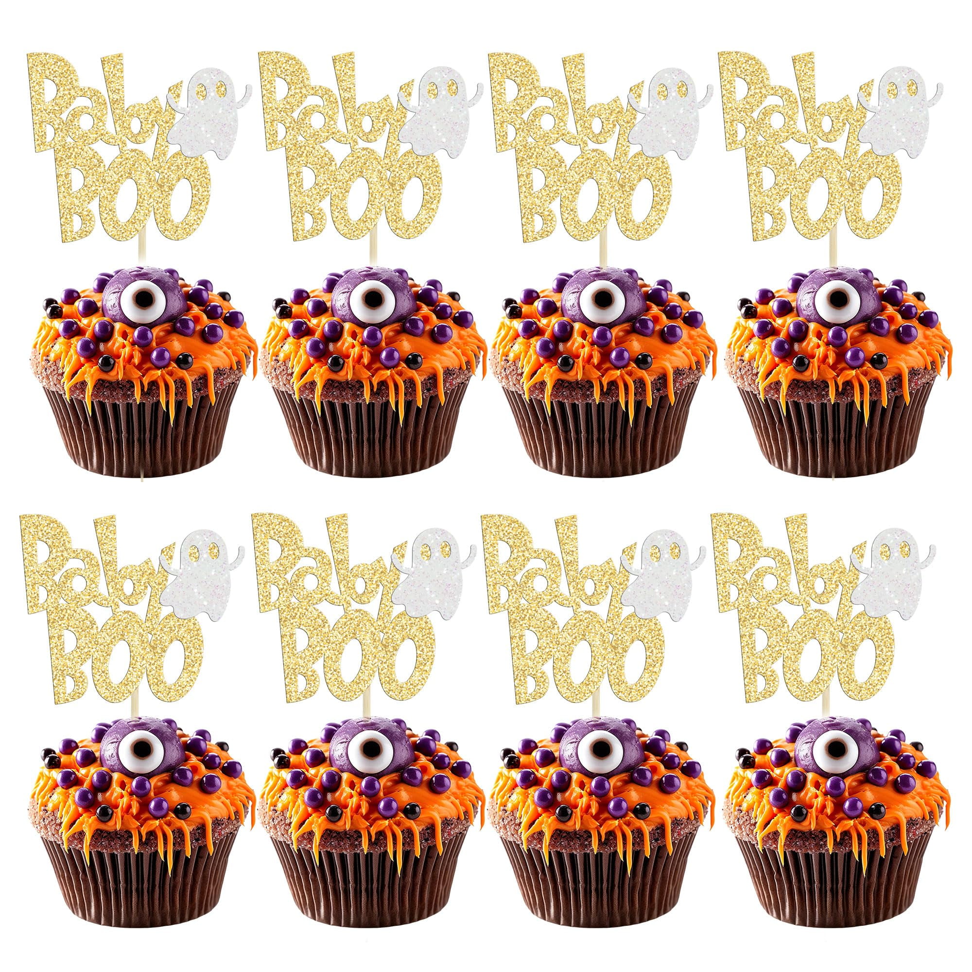 24Pcs Halloween Baby Boo Cupcake Toppers NSD3 Gold Glitter Spooky ...