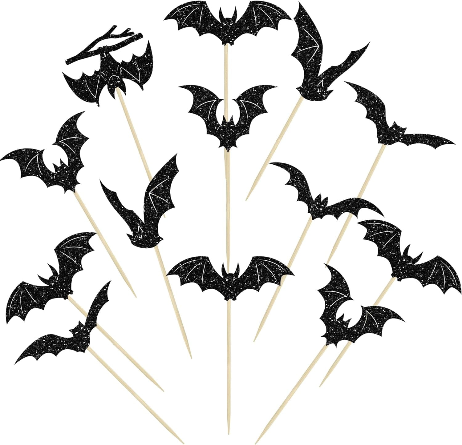 24Pcs Halloween Bat Cupcake Toppers Black Glitter Bat Halloween Cupcake ...