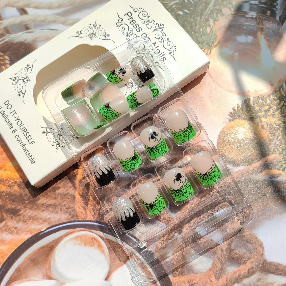 24Pcs Halloween Fake Nails Black French Tip Press on Nails Short Square ...