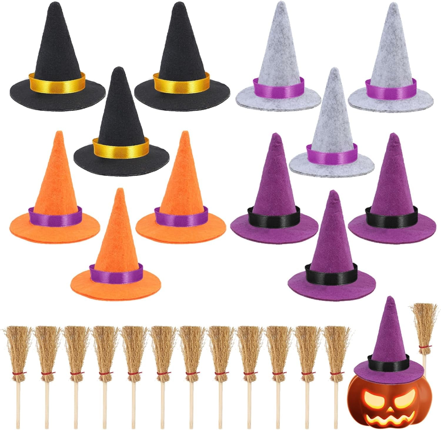 24Pcs Halloween Mini Witch Hats and Mini Witch Brooms Halloween ...