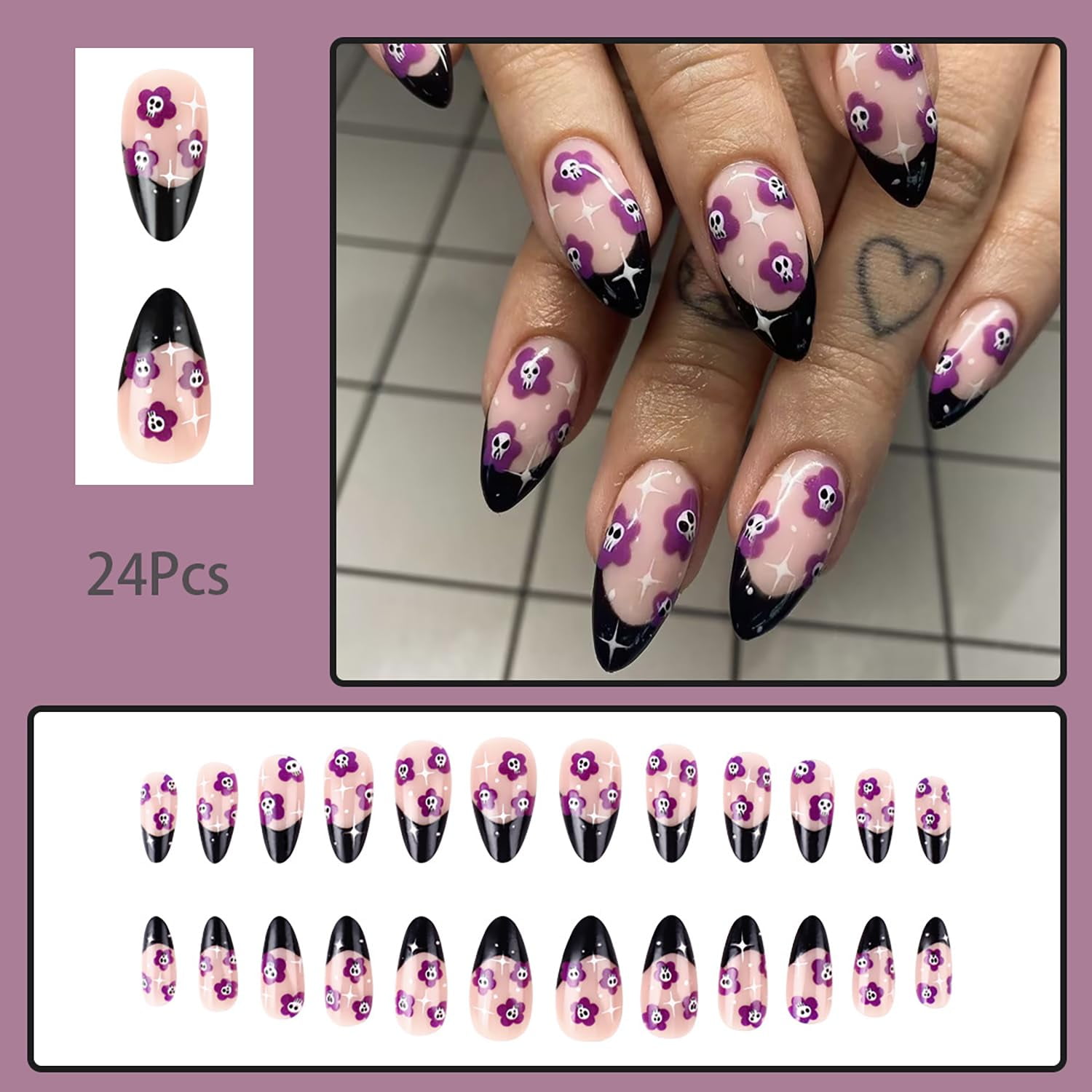 24Pcs Halloween Press on Nail Medium Almond Fake Nails Black French ...