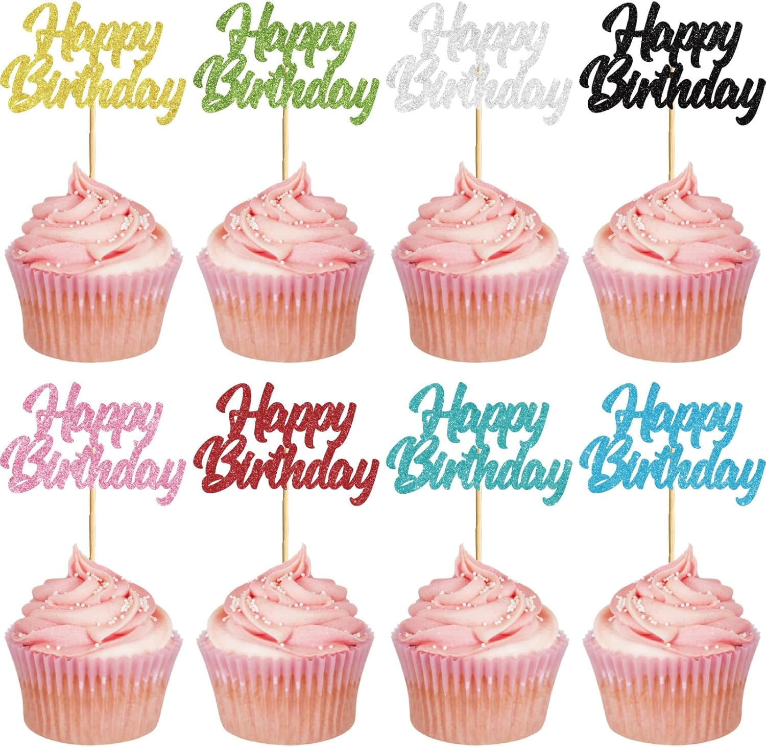 24Pcs Happy Birthday Cupcake Toppers Glitter Birthday Cupcake Toppers ...