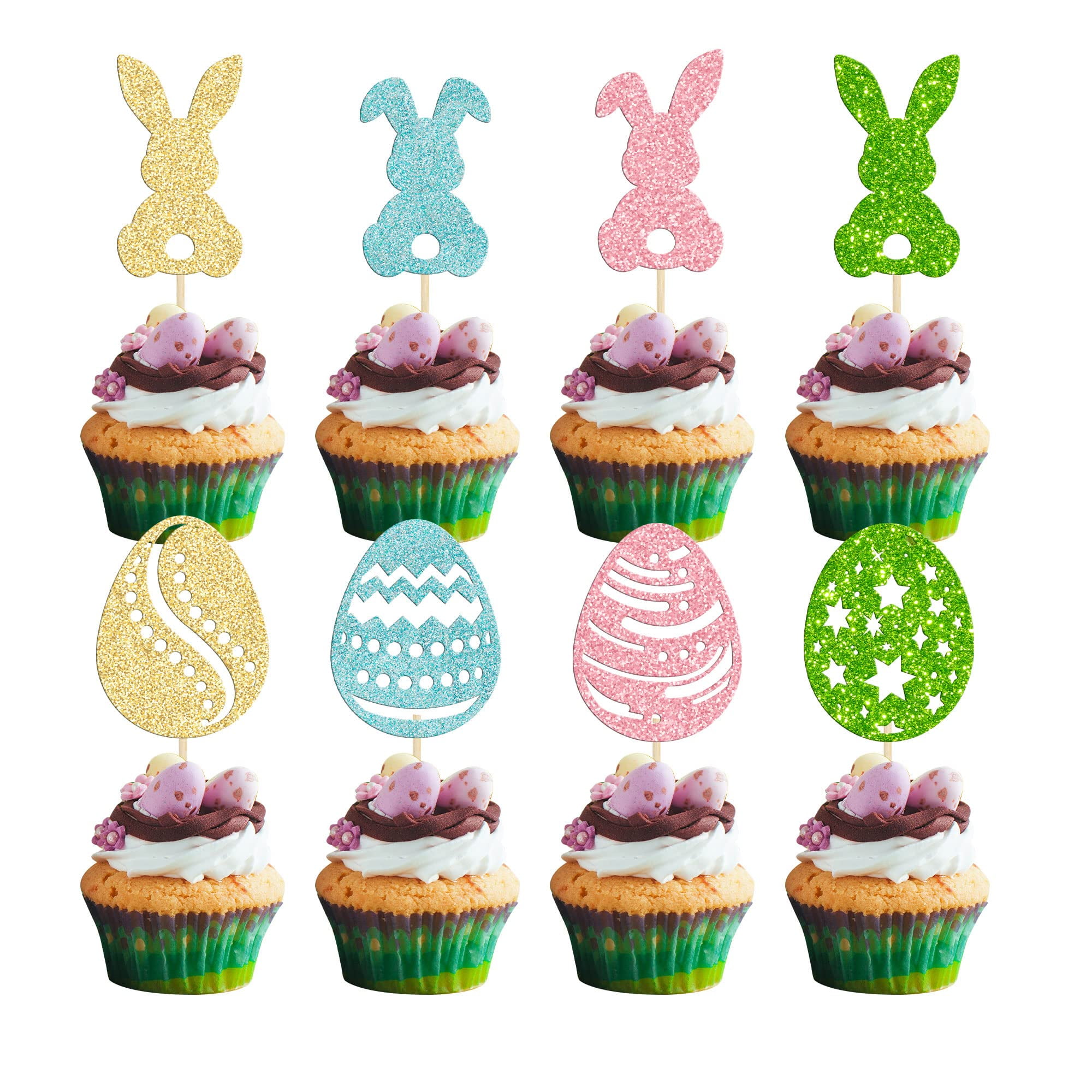 24Pcs Happy EasterITSC Cupcake Toppers Glitter Cute Bunny Egg Cake ...